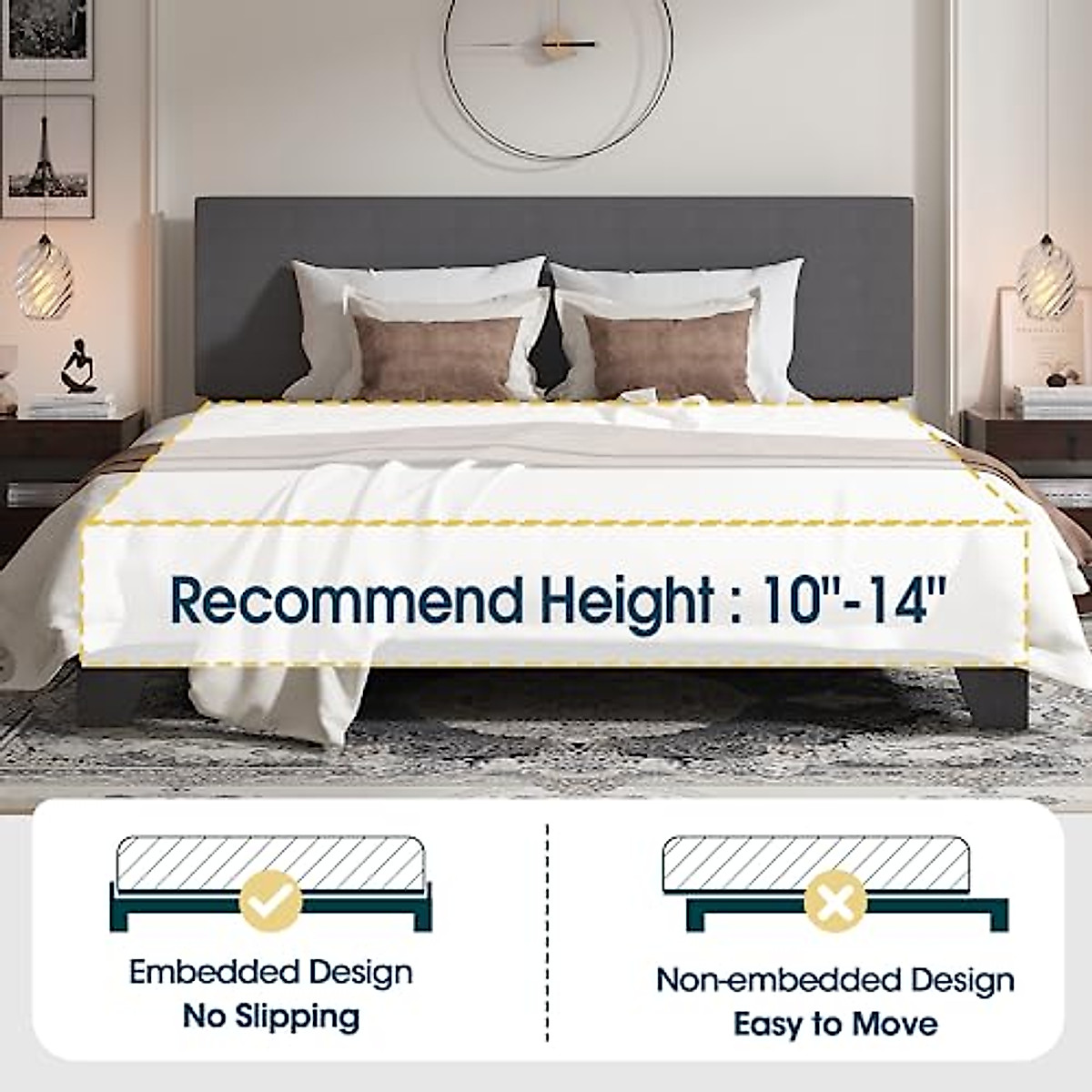 WEEWAY King Upholstered Platform Bed Frame with Adjustable Headboard and Strong Wooden Slats, Heavy-Duty Mattress Foundation, No Box Spring Needed, Easy Assembly, Dark Grey