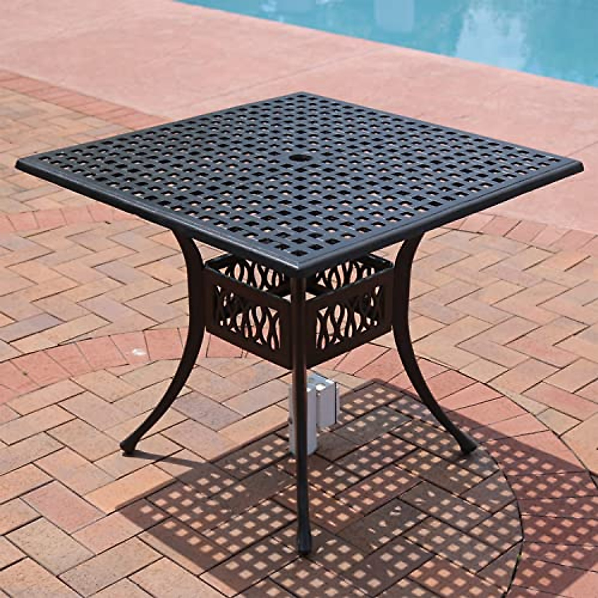 Sunnydaze Square Patio Dining Table - Outdoor Heavy-Duty Black Cast Aluminum - 4-Person Outside Patio Furniture with Umbrella Hole - Modern Dinette Table - Outdoor Patio Table - 35-Inch