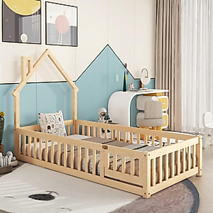 Twin Floor Bed with Rails and House-Shaped Headboard Kids Bed Frame with Fence and Doors Twin Size Wood Montessori Floor Bed for Baby Girls Boys, Natural