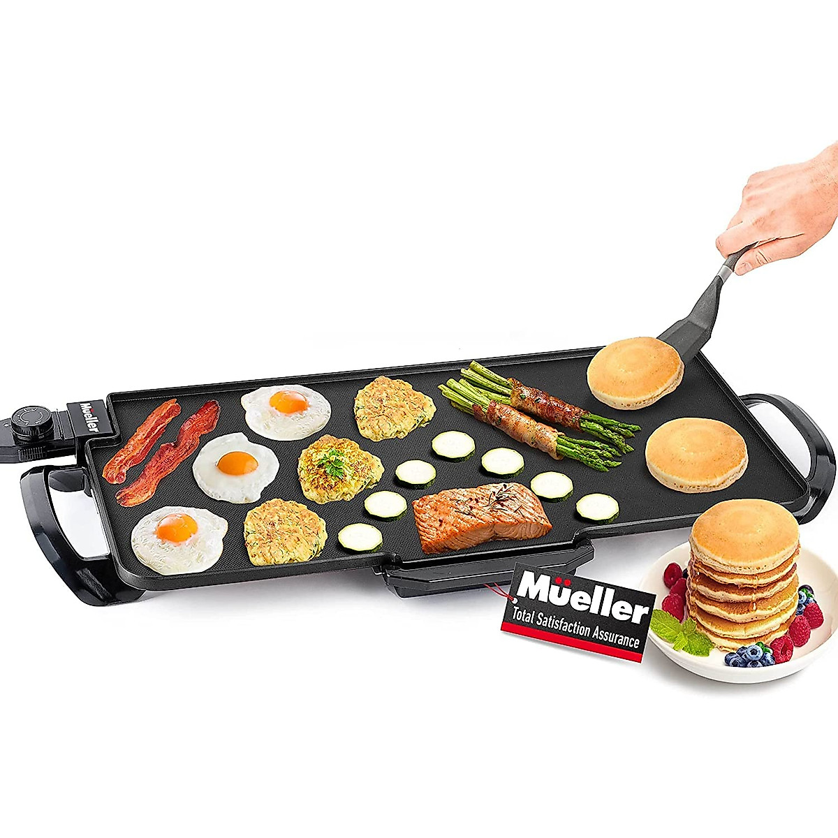 Mueller XL 24-Inch Pancake Griddle, Non-Stick Coated Electric Griddle with Removable Plate, Cool-Touch Removable Handles and Slide-Out Drip Tray 1800W, for Breakfast Pancakes, Burgers, Eggs, Black