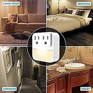 POWRUI Plug-in Night Light with 2-Outlet Extender, Warm White LED Nightlight with Dusk-to-Dawn Sensor for Bedroom, Bathroom, Kitchen, Hallway, Stairs, 4-Pack