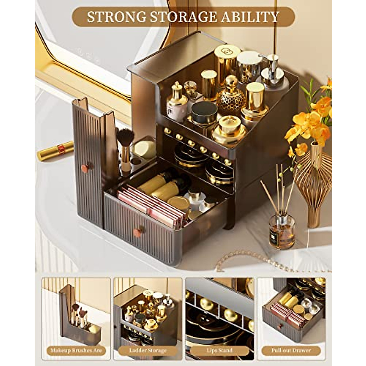 HAIXIN Makeup Organizer for Vanity, Cosmetic Storage Organizer with Brush Holder, Cosmetics Display Case with Drawer for Cosmetics, Lipsticks, Nail Care, Skincare Bedroom Bathroom Countertop