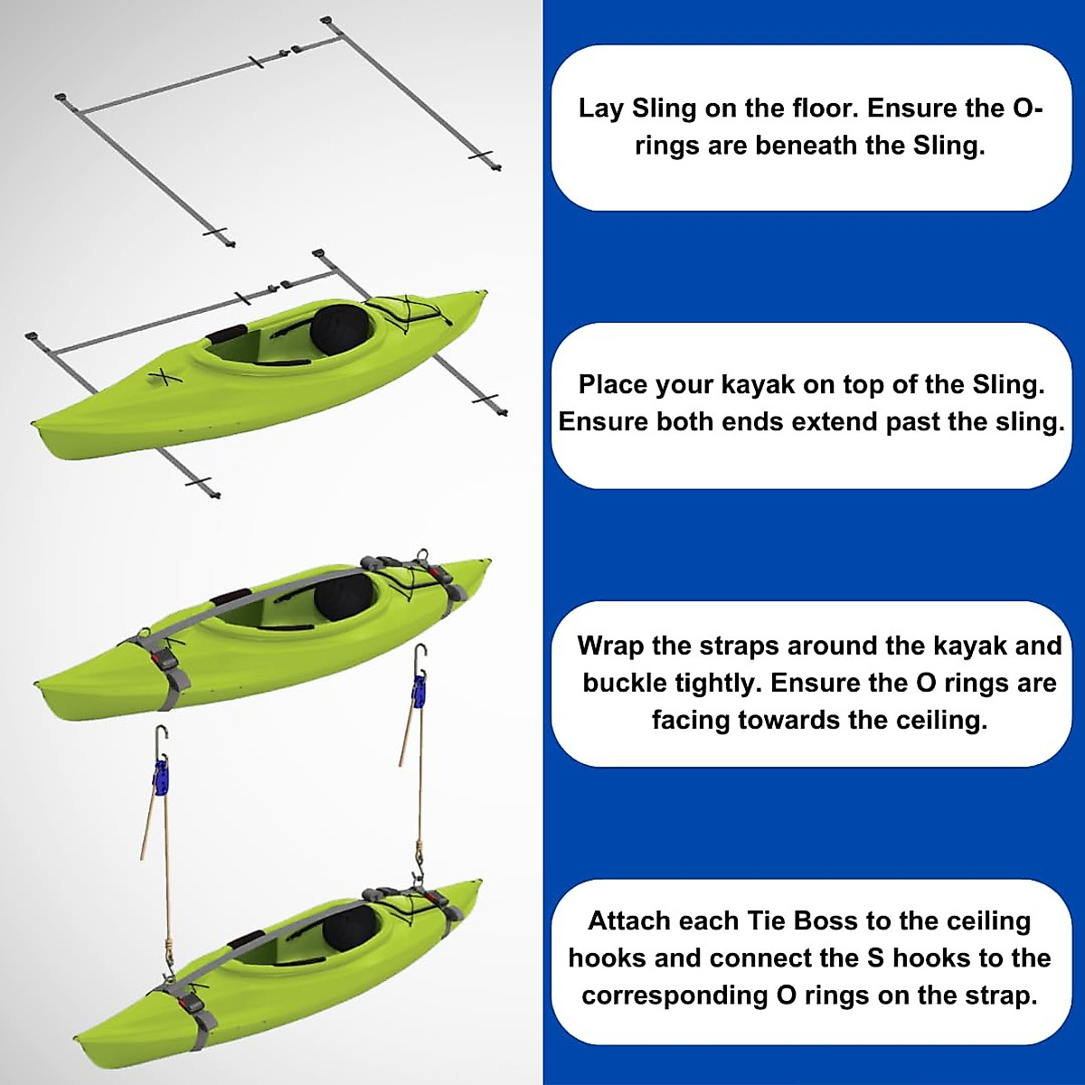 Tie Boss Kayak Hanger, Cargo Ceiling Storage, Overhead Storage, Watercraft Garage Storage, Hoist System. Green
