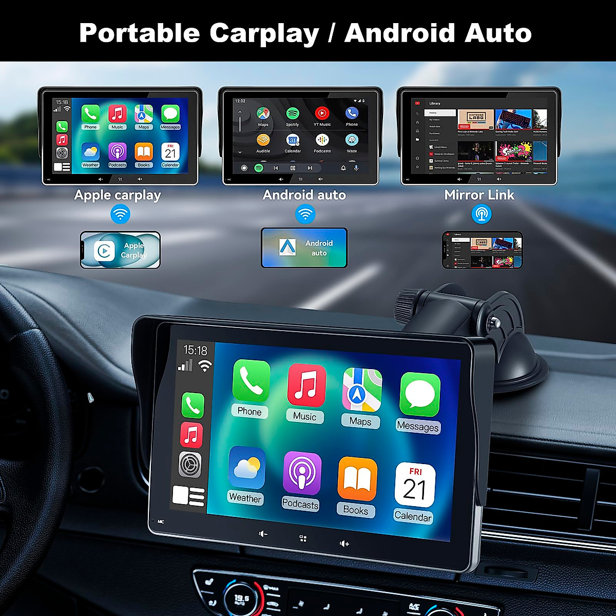 Hinine 7" HD Double Din Car Stereo with 720H Backup Camera, Portable Apple CarPlay Wireless Touch Screen Android Auto Automatic Multimedia Player with Mirror Link/Siri/Bluetooth/Navigation Screen