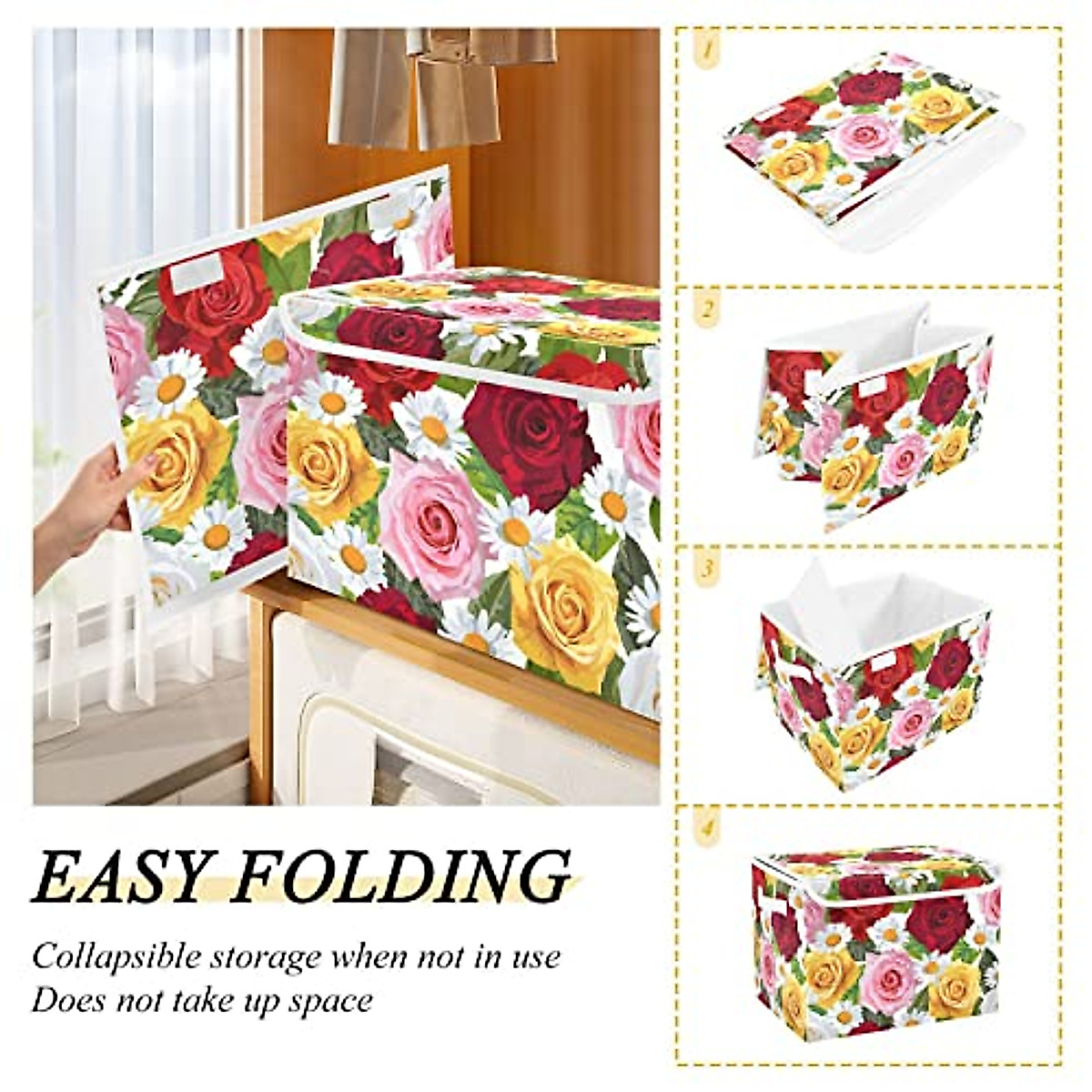 xigua Rose Storage Basket with Lids,Large Collapsible Storage Cube Bin for Bedroom,Shelves,Closet,Home,Office 16.5 * 12.6 * 11.8 In