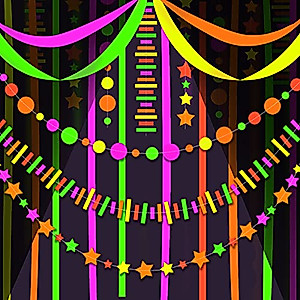 UNIIDECO Glow in The Dark Neon Streamers Garlands Kit, Dance Party Black Light UV Reactive Florescent in Decorations Backdrop, Crepe Paper Roll Circle Dots, Fiesta Graduation Birthday Party Supplies