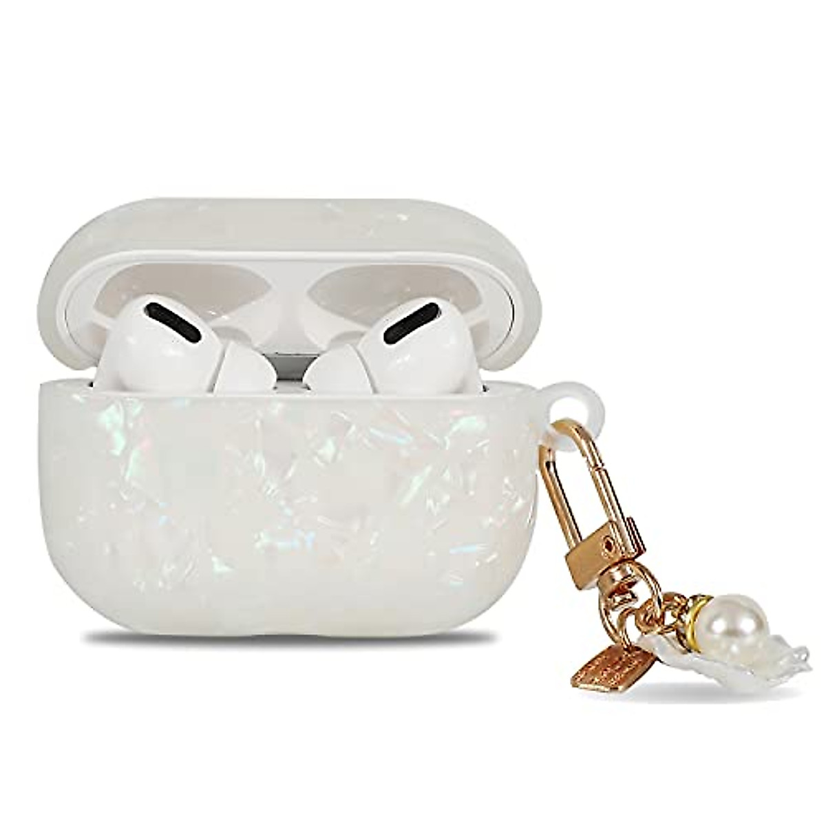 Manleno Compatible with Airpods Pro Case with Keychain Cute Shell Pearl Design Women Girls Soft Protective Case Cover Glitter Bling Airpods Case Replacement for Apple Airpods Pro 1 2019 (Iridescent)