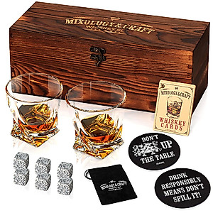 Mixology & Craft Whiskey Stones Gift Set - Pack of 6 Granite Chilling Rocks w/ 2 10 oz Old Fashioned Glasses in Wooden Box - Whiskey Gifts for Men on Birthday, Father's Day or Christmas