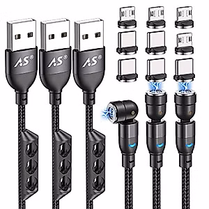 A.S 540 Degree Magnetic Charging Cable(6ft/3Pack), Nylon Braided Cord 3A Fast Charge Magnetic Data Cable, The Last Cable Magnet Phone Charger Compatible with Micro USB, Type C Devices