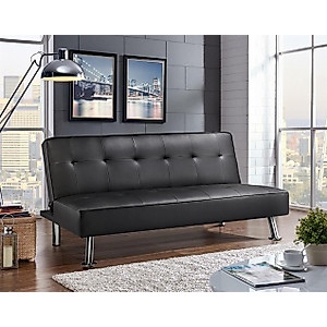 Topeakmart Tufted Faux Leather Sofa Couch Foldable Sofa Sleeper Bed Black Guest Couch Bed Converts to Recliner and Bed