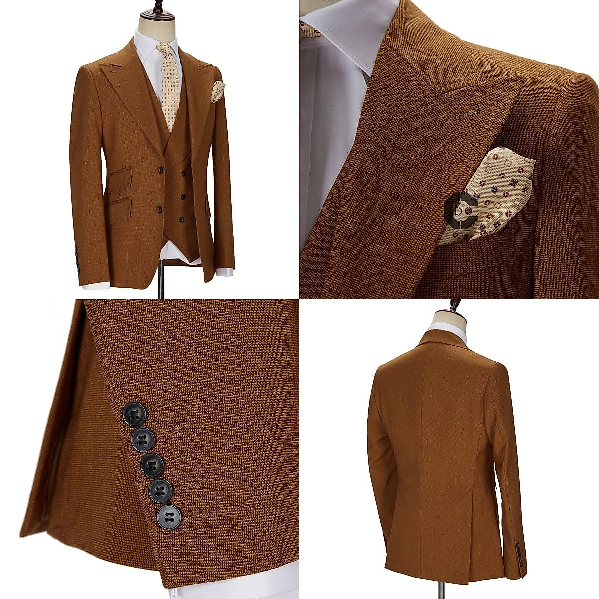 Men’s 3 piece Suit Solid Two Button Slim Fit Peak Lapel Tuxedo Set for Wedding Business Party Blazer Vest Pants Set Silver S