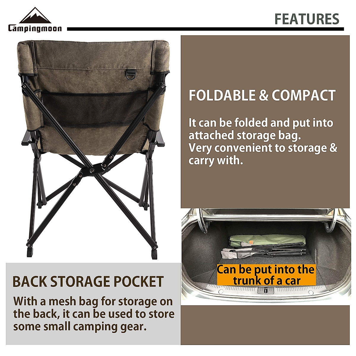 CAMPINGMOON Foldable Cotton Canvas Campfire Bonfire Open Fire Pits Camping Chair Low Style Chair Khaki F-1003C-K