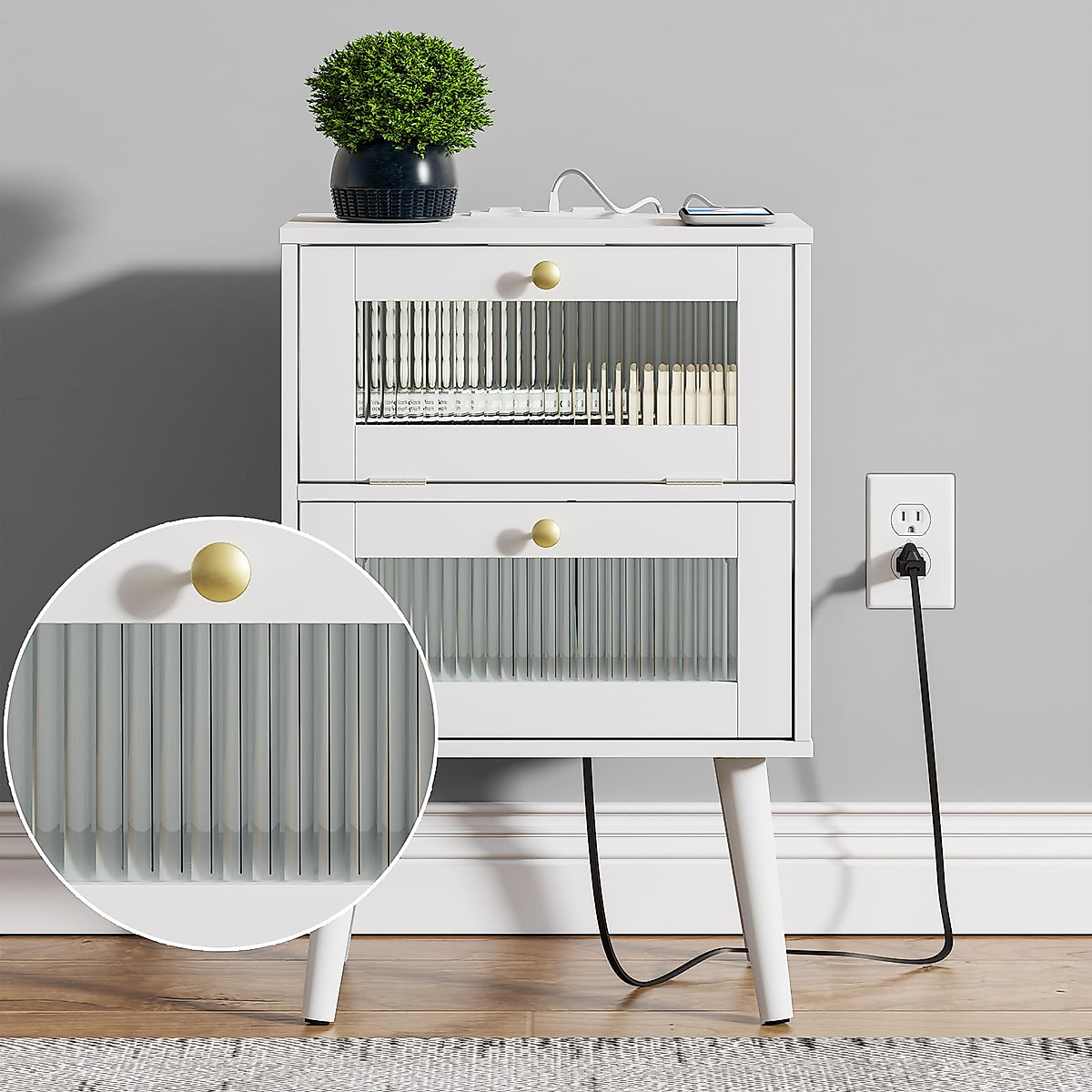 RRX Wooden Nightstand with Charging Station, Bedside Table with Reeded Glass Door Drawer, 2 Tiers End Table Storage,Side Table for Bedroom White (1)