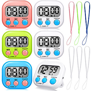 6 Pack Small Digital Kitchen Timer Classroom Timers for Kids, Kitchen Timer for Cooking with 6 Pieces Lanyard Magnetic Back and ON/Off Switch Second Minute Count Up Countdown, Multicolored