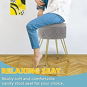 GERANT Velvet Storage Ottoman Vanity Stools - Multifunctional Upholstered Pleated Round Footrest with Golden Metal Legs,Removable Coffee Table Top Cover,Suitable for Living Room,Bedroom(Gray)