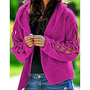Womens Cardigan Sweater Hooded Hollow Sleeve Criss-Cross Solid Color Plain Knitted Tops Loose Knit Outerwear Knitwear Shrug Jumper(XL,A Fuchsia)