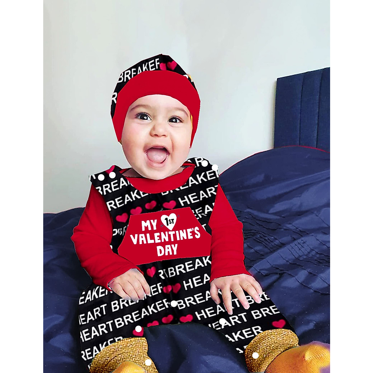 DONWEN Baby Boy Valentines Day Outfit 9-12 Months My First Valentine's Day Romper Print Overall Valentine Outfit for Baby Boy