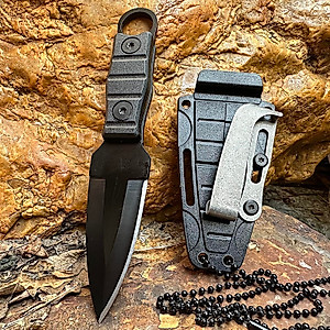 WILD TACTICAL Fixed Blade Knife, Full Tang w/Kydex Sheath, Belt Clip and Necklace easy Carry, Good for Camping Hiking Knife, Fishing Hunting edc MIN Knife Black