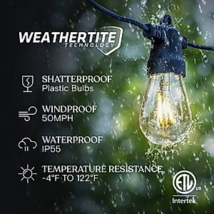 Brightech Ambience Pro – Solar Power Remote Control Outdoor String Lights with Edison Bulbs – Shatterproof, Commercial Grade LED Waterproof Patio Lights, Christmas – 1W 15 Bulbs, 3,000K, 48 ft