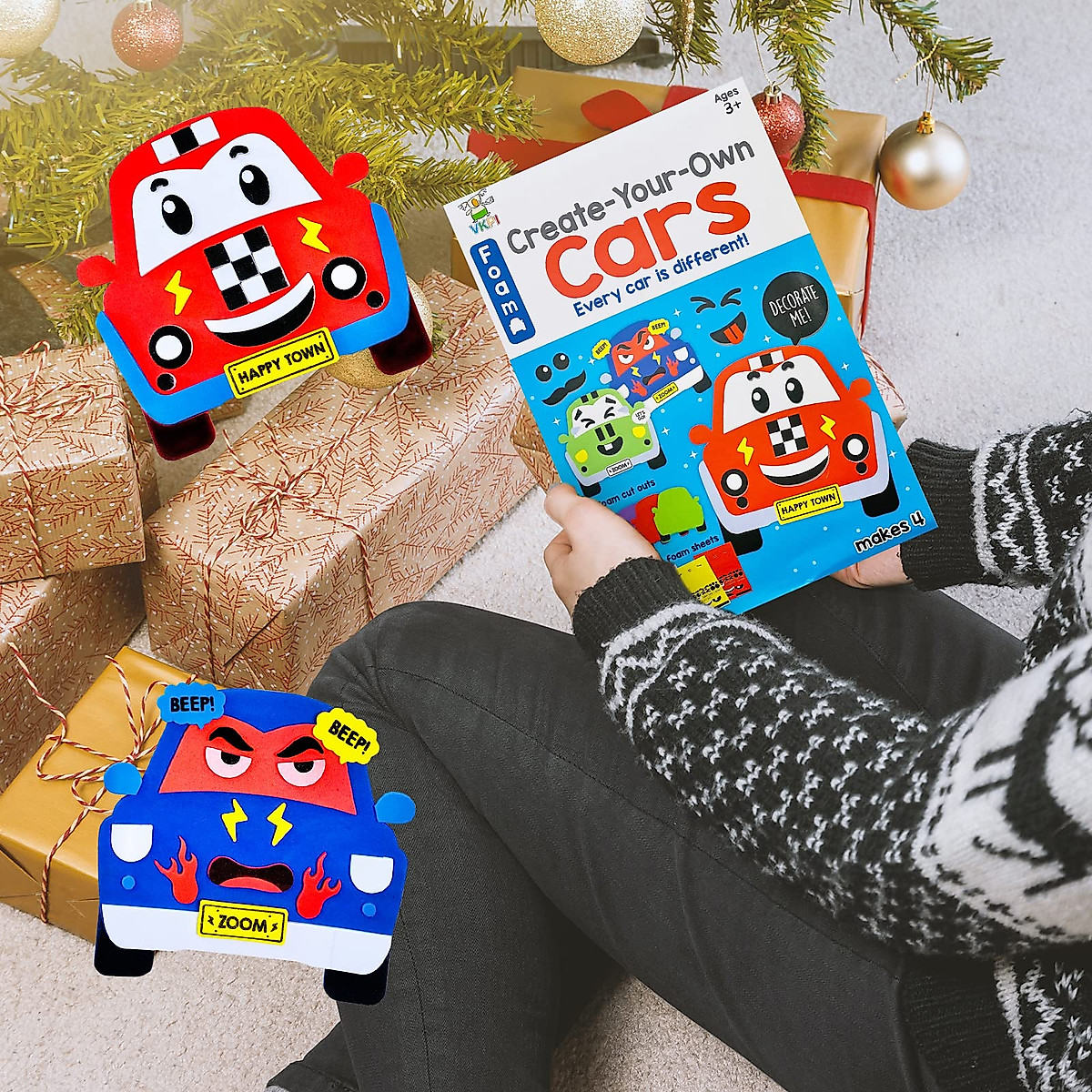 VKPI 4 Pieces EVA Foam Art Crafts Gift Kit, Creative Make Your Own Cars, Cartoon Foam Paper Craft Projects for Kids Ages 4+ Toddler, Preschool Learning Toy for Birthday Party Favor Supplies