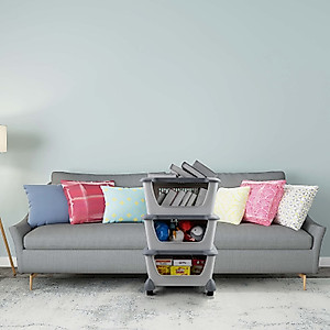 Vcansay 3 Packs Plastic Stacking Storage Basket, Large Stacking Bins with Wheels, Gray