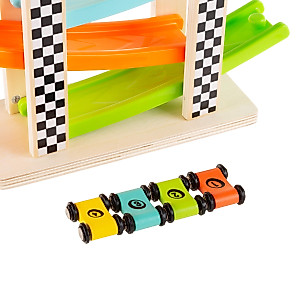 Hey! Play! Toy Race Track and Racecar Set- Wooden Car Racer with 4 Colorful Cars with Moving Wheels, Ramps- Fun Cars Set for Boys and Girls , Brown