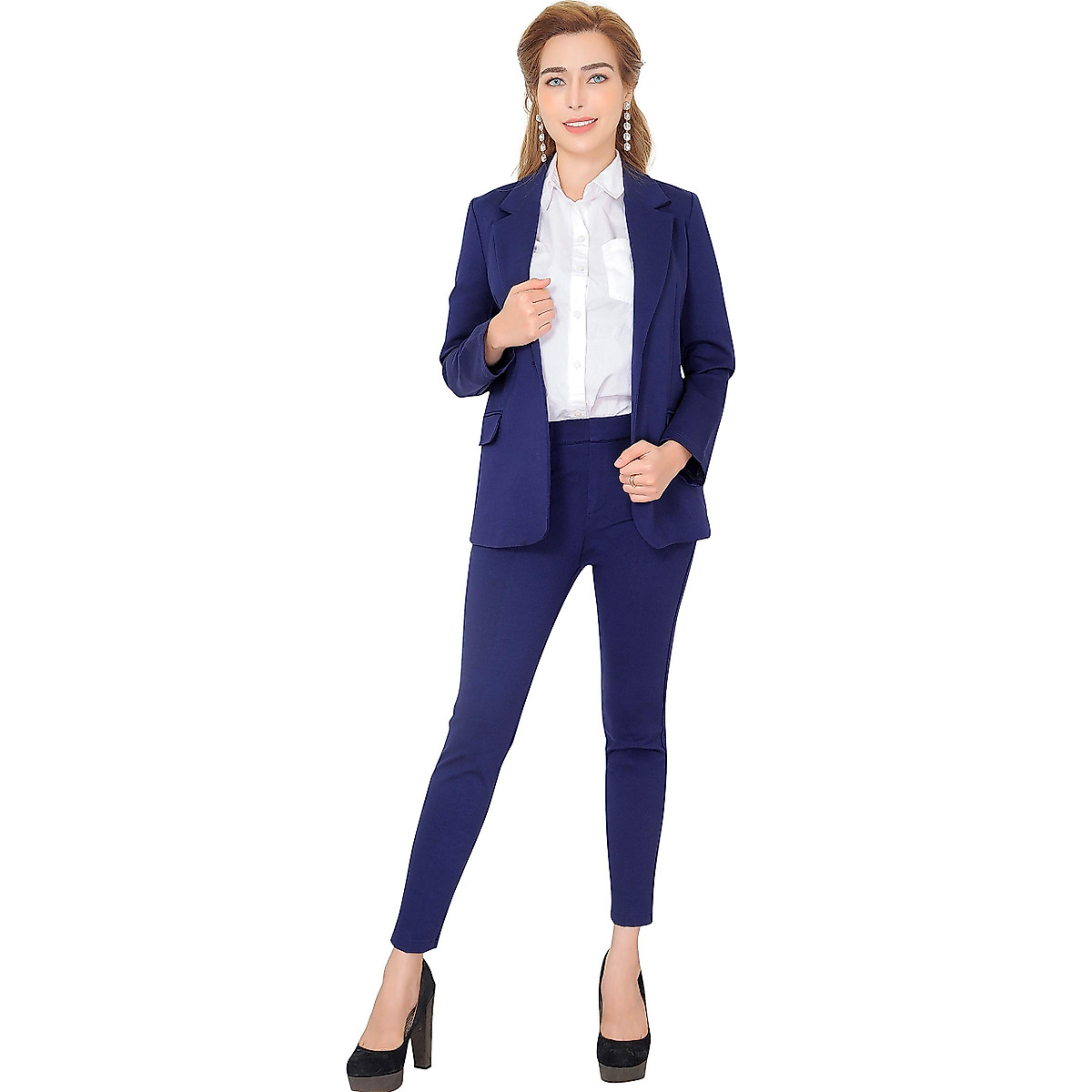 Marycrafts Women's Business Blazer Pant Suit Set for Work 12 Navy