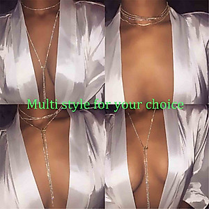 Yheakne Bling Tennis Chain Necklace Silver Long Rhinestone Choker Necklace CZ Lariat Y Necklace Tie Up Necklace for Women and Girls Nightclub Body Chain Jewelry