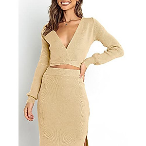 LOGENE Women's 2 Piece Outfit Ribbed Knit Long Sleeve Vneck Sweater Tops and Bodycon Split Midi Skirt Sweater 6L85-tuxing-S Apricot