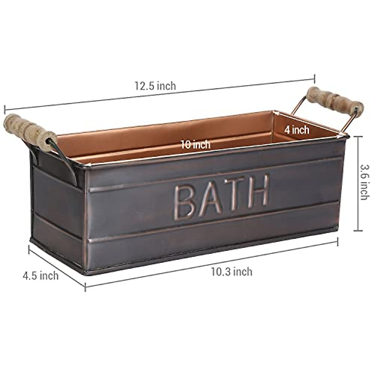 MyGift Vintage Bronze Metal Rectangular Storage Basket with Wooden Handles, Bathroom Toiletries Holder, Organizer Bin with Embossed Bath Label - Handcrafted in India