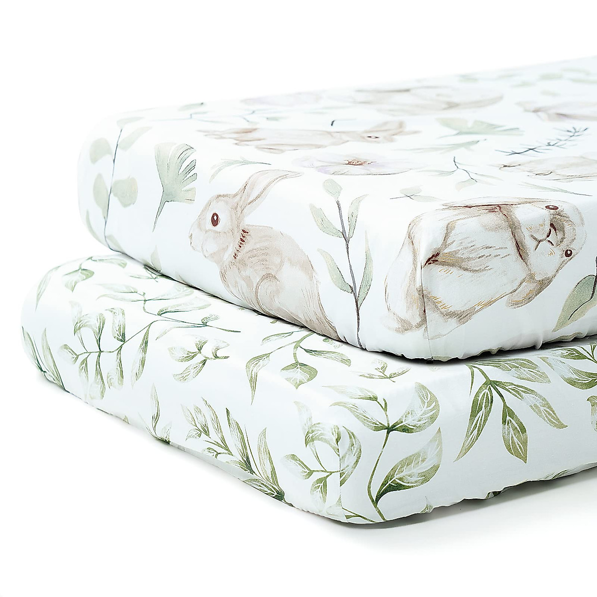 TCBunny 2 Pack Premium Fitted Baby Crib Sheets for Standard Crib Mattress - Ultra-Soft Cotton, Stylish Rabbit, and Garden Pattern, Safe and Snug for Baby, Boys and Girls, 28" x 52"