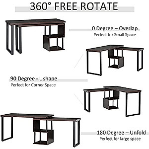 Royal Wood 55" 360° Rotating L-Shaped Home Office Computer Desk, Rotating Corner Desk with Storage Shelves, Left or Right Side Combo Table, Study Writing Desk Two Workstations,Espresso