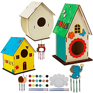 Lifynste 3 Pack Bird Houses for Outside, DIY Bird House Wind Chime Kit, Bird House Kits for Children to Build, Wooden Bird Houses to Paint, Wooden Craft Kits for Kids Girls Boys Toddlers