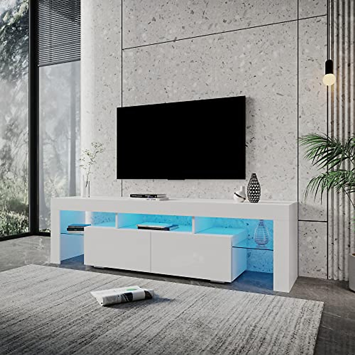 Holaki LED TV Stand,Modern High Gloss TV Console with 20 Color LEDs/Remote Control Lights,Media Console Entertainment Center for Up to 80 inch TV,Wood TV Cabinet with 2 Drawers & Open Shelves (White)