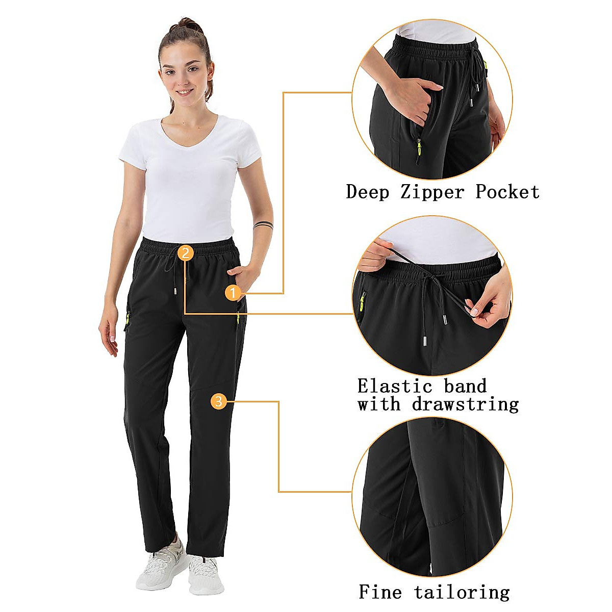 BGOWATU Women's Hiking Cargo Pants Quick Dry Lightweight Water Resistant Joggers Pants Zipper Pockets (Black,US L)