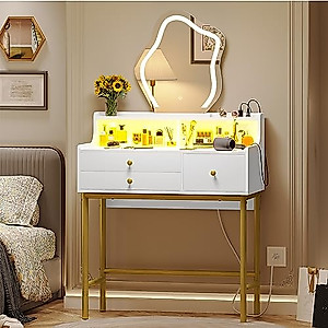 VIAGDO Makeup Vanity with Lights, Vanity Desk with 3-Color Touch Screen Lighted Mirror, White Vanity Table with Charging Station, Modern Makeup Desk with LED Lights, Adjustable Drawer Dividers