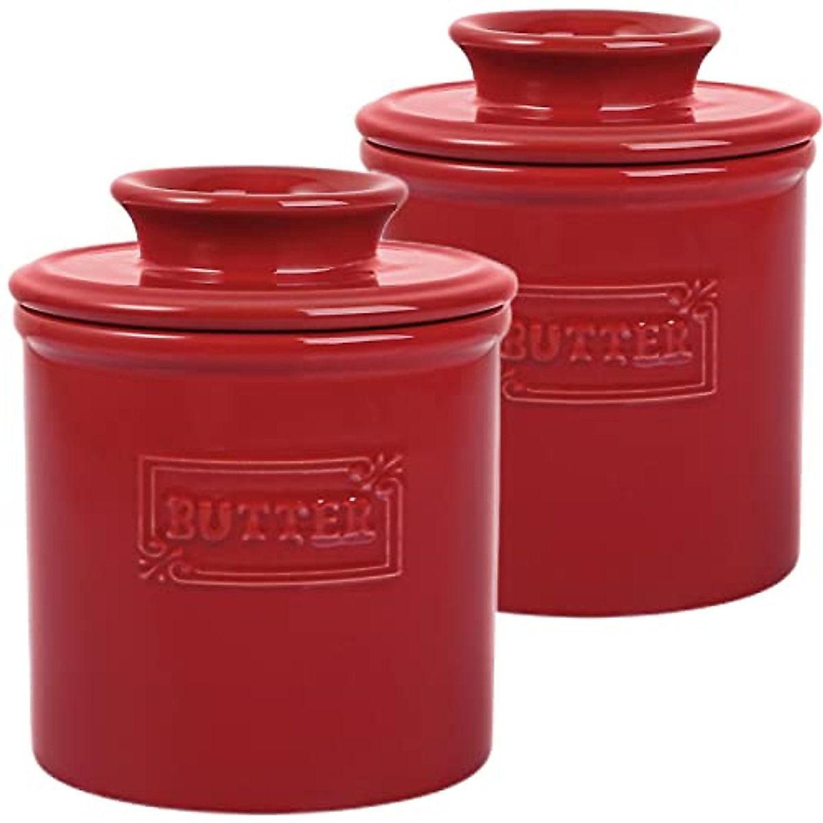 AVLA 2 Pack Ceramic Butter Crock, French Butter Dish with Water Line, Butter Keeper Butter Container for Countertop, Big Capacity, Red
