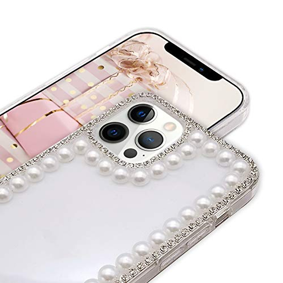Guppy for iPhone 12 Pro Max Women Girls Bling Diamond Pearl Case Luxury Glitter Handmade Rhinestones Soft Silicone Rubber Sparkly Shiny Protective Cover Case for iPhone 12 Pro Max 6.7" Clear