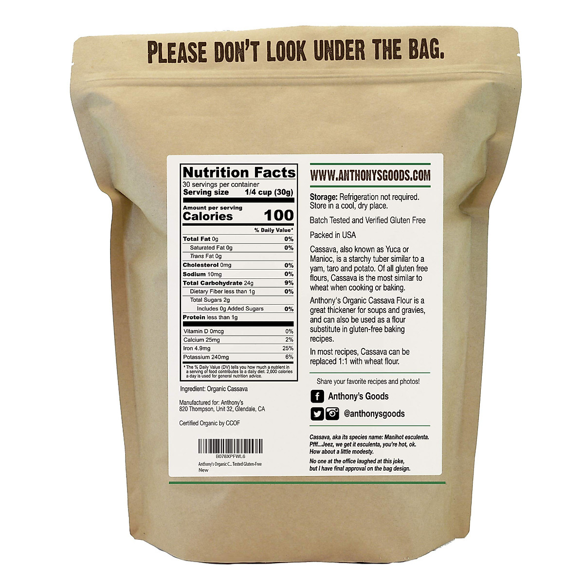 Anthony's Organic Cassava Flour, 2 lb, Batch Tested Gluten Free, Vegan, Non GMO