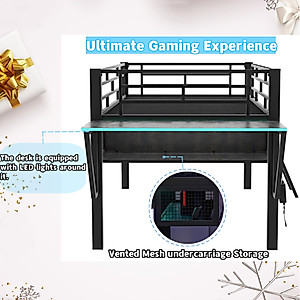 Linique Twin Size Gaming Loft Bed with Desk, LED and Staircase, Metal Loft Bed Frame with Vented Mesh Undercarriage Storage, Black