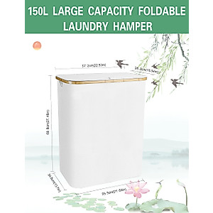 GORISEN 145L Double Laundry Hamper with Lid, 2 Sections Large Basket with Bamboo Handles, Collapsible Clothes Organizer with 2 Removable Liners (Beige-145L)