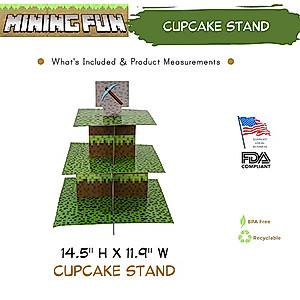 Mining Fun 3 Tier Cupcake Stand - Pixel Miner Party Decorations, Mining Birthday Party Decorations, Gamer Birthday Decorations, Pixel Gaming Party Decorations, Blue Orchards