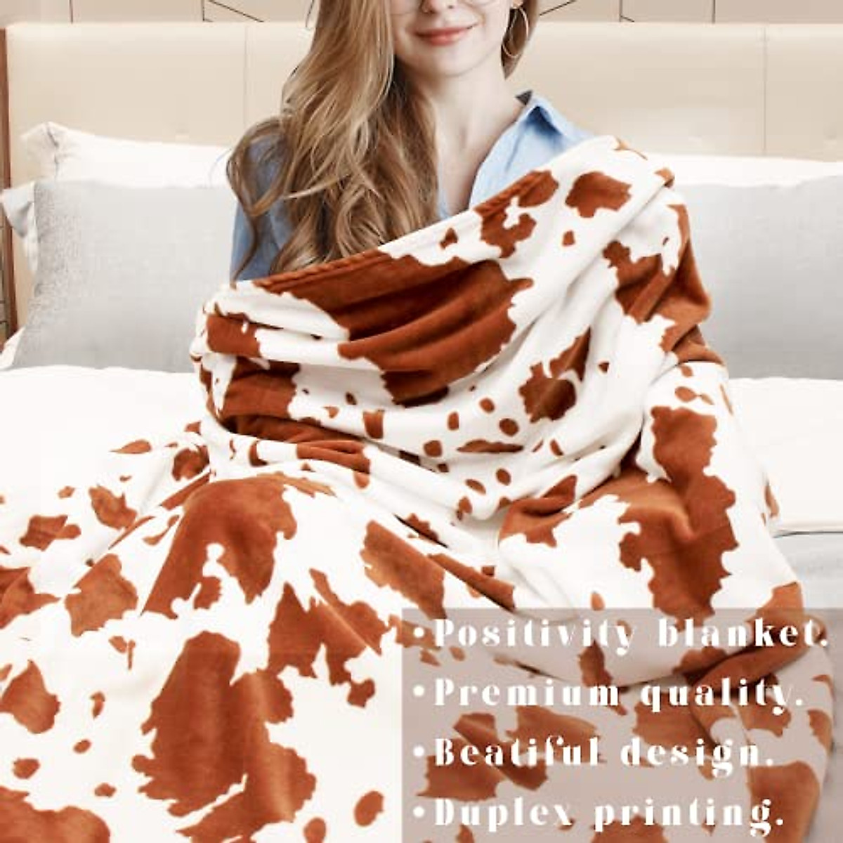 50x60IN Cow Print Blanket Brown Soft Fleece Throw Blanket Warm Plush Dog Blankets Lightweight Cozy Blanket Washable Home Décor Cow Print Throws for Adult Sofa Bed Couch Bedroom Living Room Dorm Room
