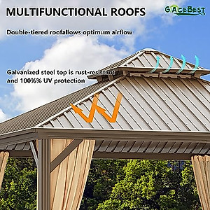 GAZEBEST 12'x12' Hardtop Gazebo, Outdoor Aluminum Patio Gazebo Double Roof Galvanized Steel Canopy with Netting and Curtains,for Garden Patio, Backyard, Deck and Lawns.