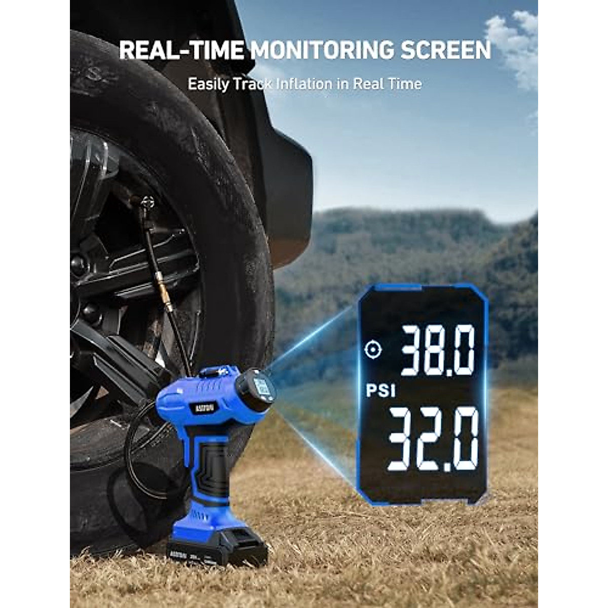 AstroAI Cordless Tire Inflator Air Compressor 20V Rechargeable Battery Powered 160PSI Portable Handheld Air Pump with 12V Car Power Adapter Digital Pressure Gauge for Cars Motorcycles JY16P160-18（C2）