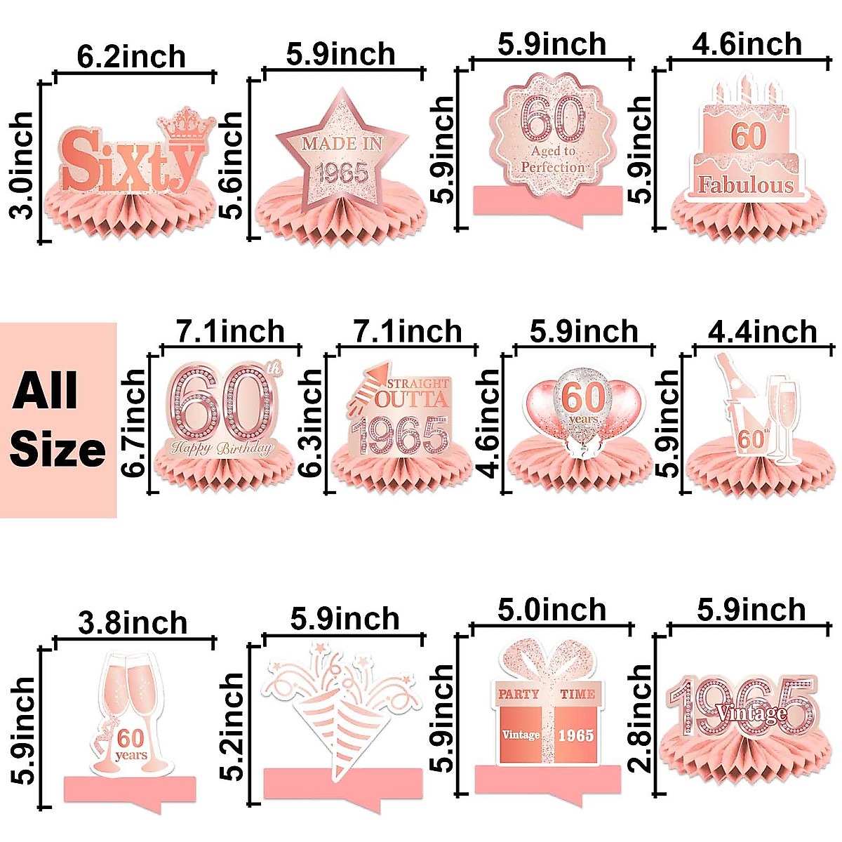 Happy 60th Birthday Rose Gold Table Honeycomb Centerpieces Balloons Theme Decor Table Decorations Table Toppers for Girls Women Sweet Princess 60 Years Old Pink Birthday Party Bday Supplies Ornament