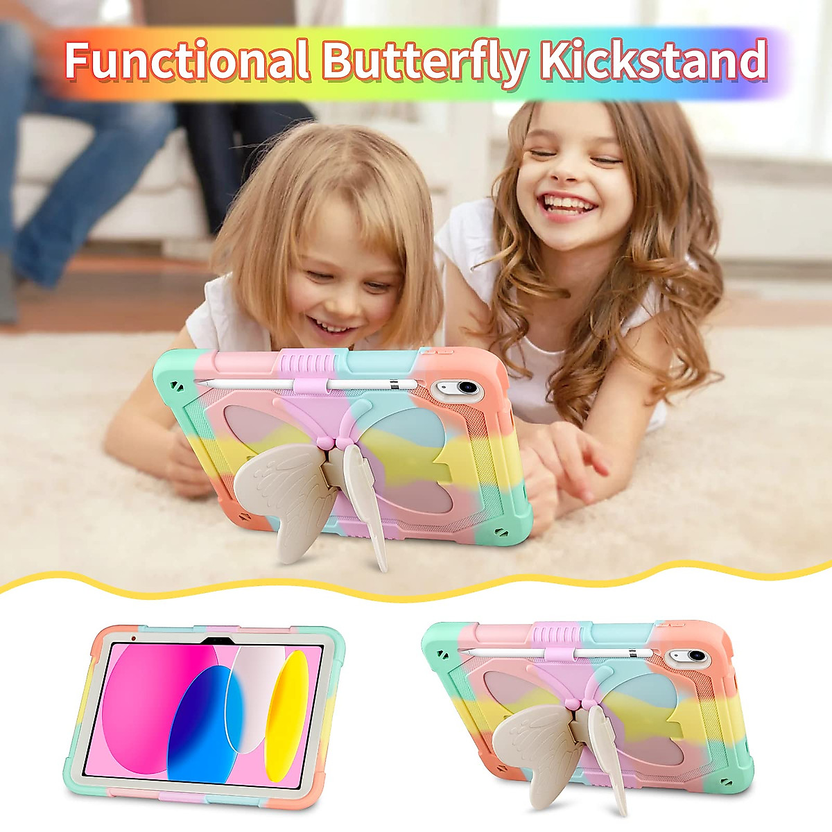 WESADN for iPad 10th Generation Case 2022 with Kickstand Lanyard Keychain Pencil Holder Rugged Heavy Duty Case for Girls Kids Cute Protective Tablet Cover for iPad 10th Gen 10.9 inch 2022 Rose Gold