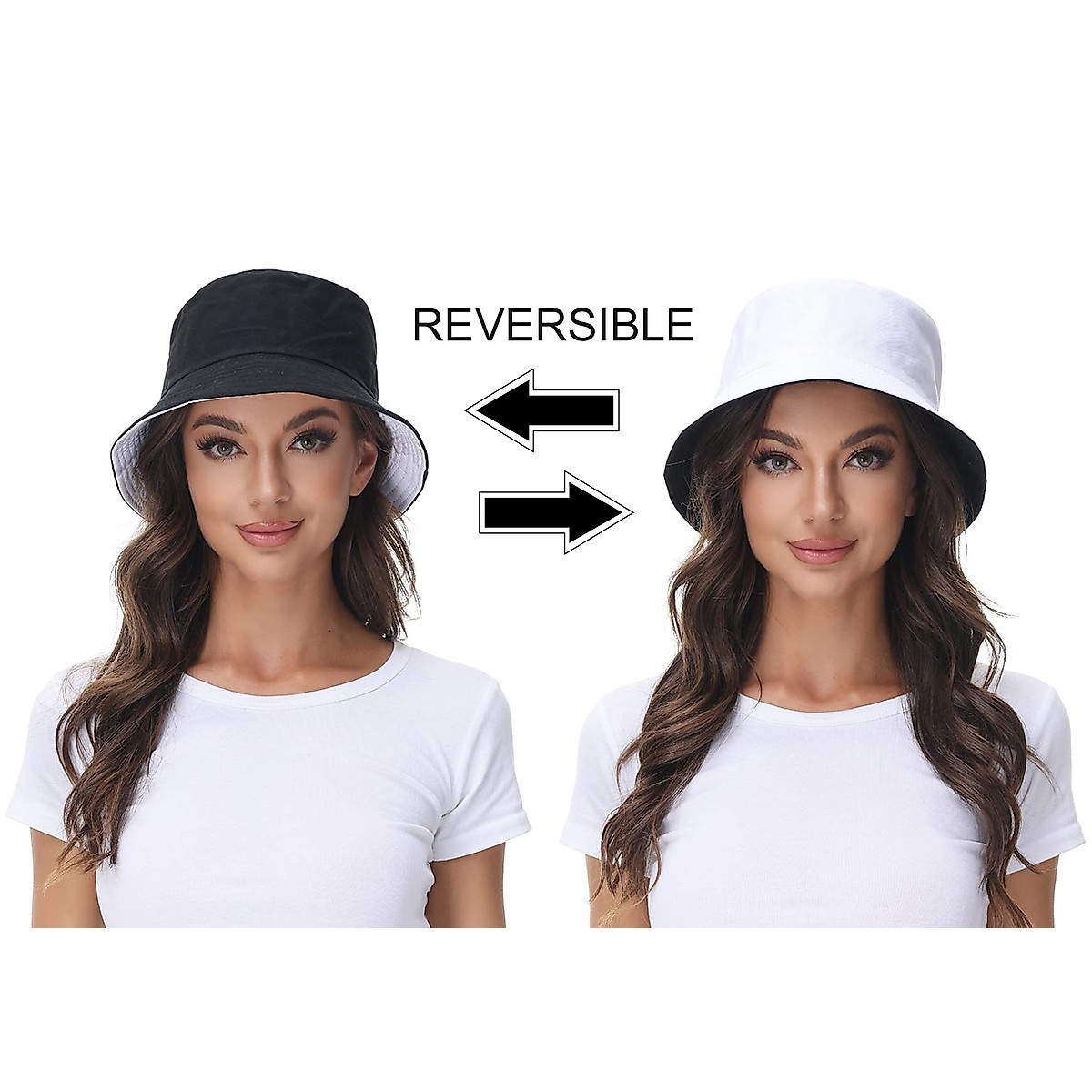 Women Reversible Bucket Hat, Summer Sun Hat for Women, Black- White