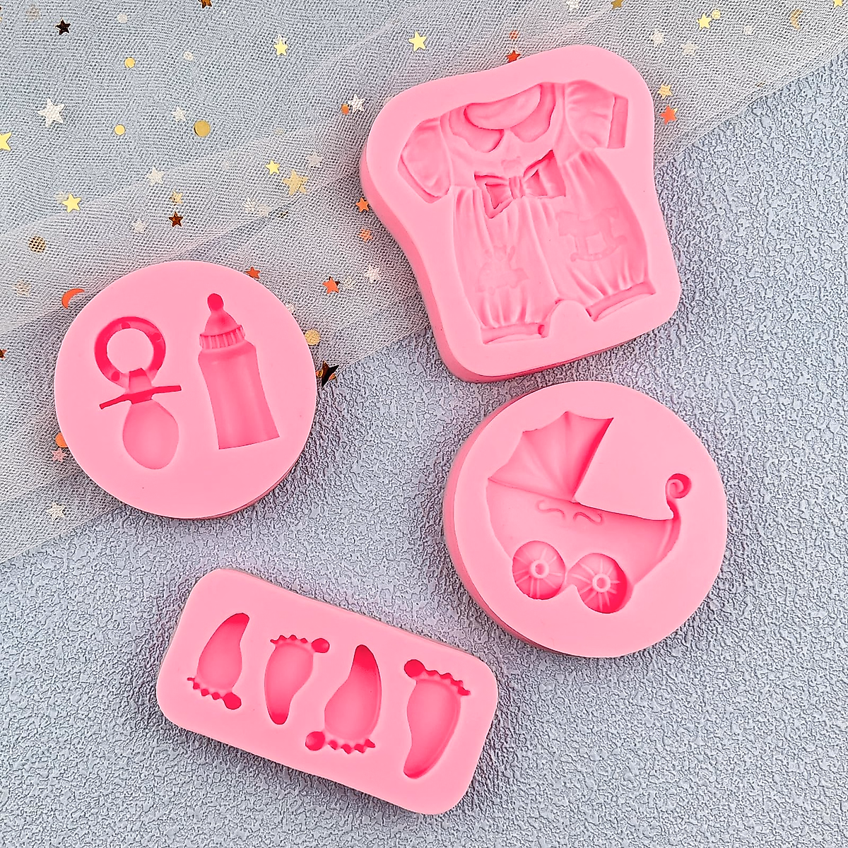 Baby Showers Fondant Molds 4 Pcs, Bottle Stroller Skirt Chocolate Cake Decoration Silicone Mold for DIY Candy Sugar Craft, Cookies, Marzipan, Flower Paste, Dough, Resin, Clay