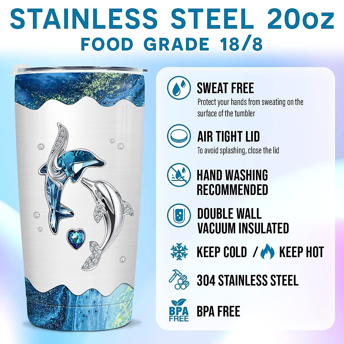 Wassmin Dolphin Tumbler Dolphin Gift For Women Girls Teen Dolphins Jewelry Drawings Stainless Steel Insulated Tumblers Coffee Travel Mug Cup 20oz With Lid Birthday Christmas Presents